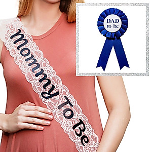 Sterling James Co. Mommy To Be White Lace Sash and Dad To Be Pin Pack - Baby Shower Decorations, Welcome Baby, Baby Sprinkle