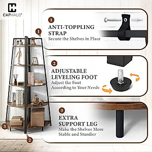 CAPHAUS Tall Corner Shelf Stand, 4-Tier Display Shelves, Ladder Corner Wood Storage Plant Bookshelf with Metal Frame, Versatile Shelving Unit Bookcase for Home Office Space, Rustic Oak