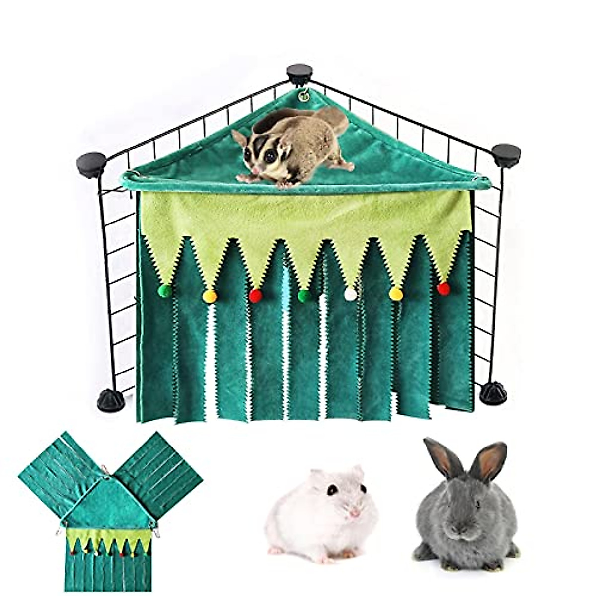 JCOLUSHI Three Sides Guinea Pig Hideout Forest Green Rabbit Crystal Velvet Rat Cage Accessories Small Animal Corner for Pigs Ferrets Chinchillas Hedgehogs Hamster Dwarf Rabbits