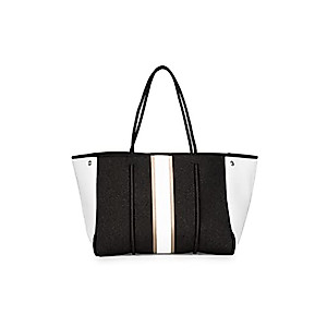 Haute Shore - Greyson Bravo Neoprene Tote Bag w/Zipper Wristlet Inside, Black Denim W/Rosegold & White Stripe