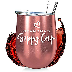 Grandma Gift Insulated Wine Tumbler - 12oz with Steel Straw, BPA Free Lid, Straw Cleaning Brush - Stainless Steel Wine Tumbler - Grandma's Sippy Cup