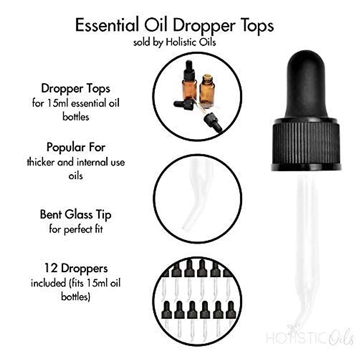 Dropper Tops for 15ml Essential Oil Bottles – Bent Tip Glass Eye Droppers, Fit doTERRA Young Living Aura Cacia Plant Therapy Revive – 12 Pack