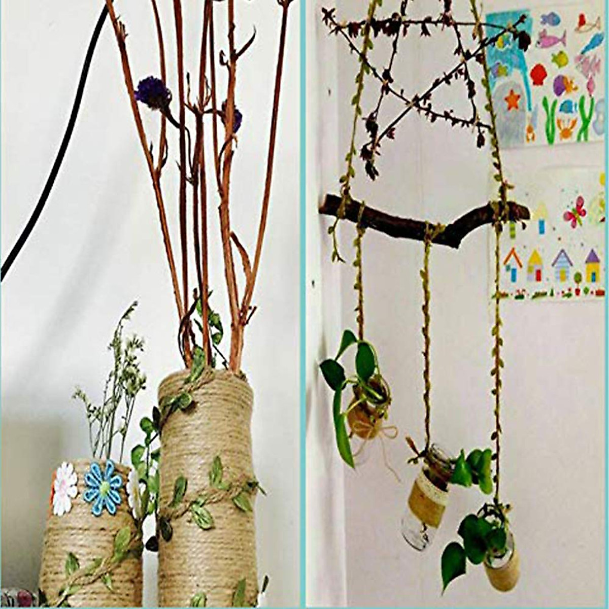 Amlrt 2 packs Natural Jute Twine, 5MM Burlap Leaf Ribbon Artificial Vine Green Leaves Wedding Home Garden, Perfect Braided Decorated Vine for Art & Crafting Home Packing Decoration and any Party Décor