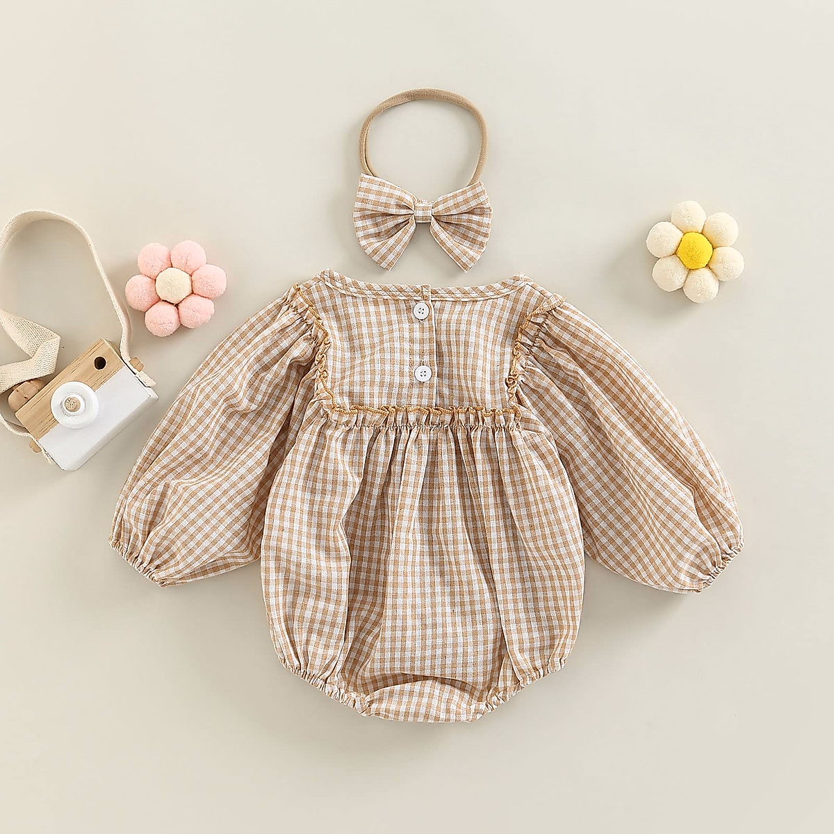 Douhoow Infant Baby Girl Plaid Romper Baby Sweatshirt Romper Ruffle Festival Clothes Fall Winter Outfits with Headband (Khaki plaid, 0-3 Months)