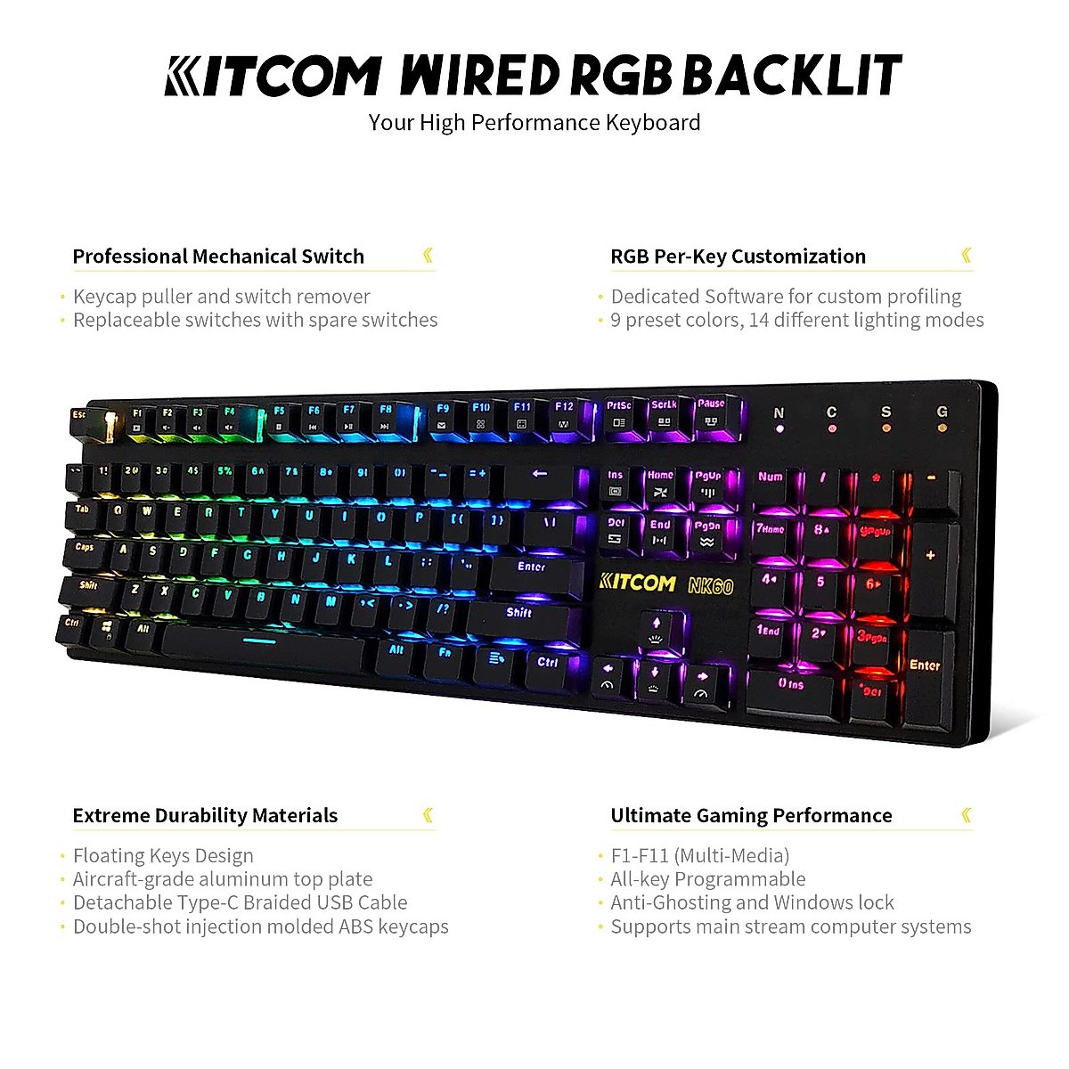 PC Gaming Keyboards RGB Backlit Mechanical Keyboard ABS keycap Programmable Macro Detachable USB Wired Keyboard for Windows PC（104 Keys Blue Switch