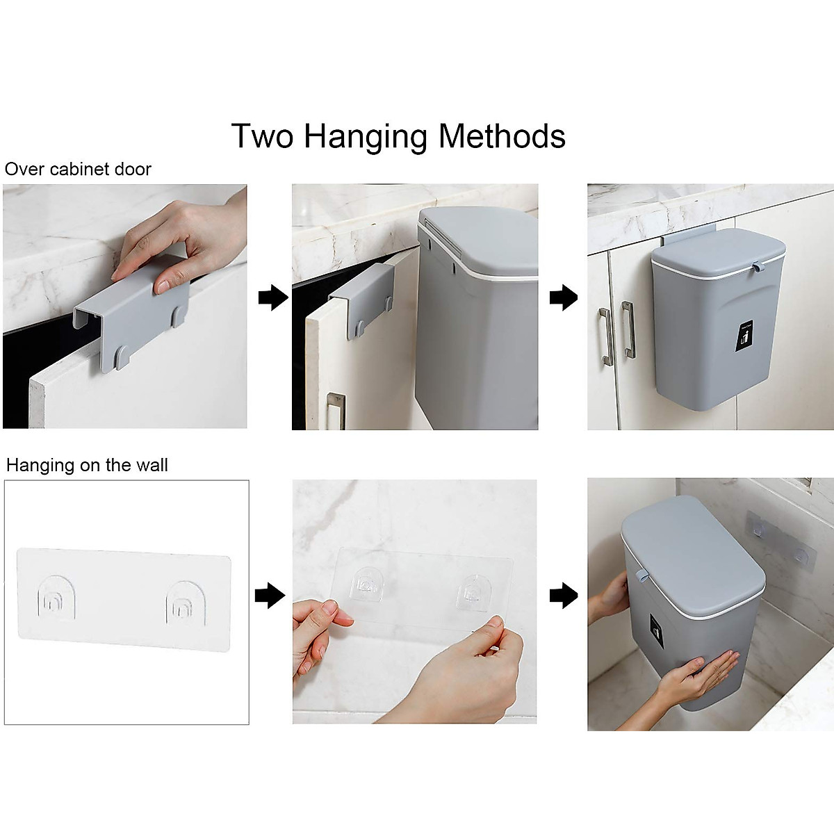 Lunies 2.4 Gal Compost Bin/Hanging Small Trash Can with Lid for Kitchen Cabinet Door/Counter Top/Under Sink/Bedroom/Bathroom/Cupboard Grey