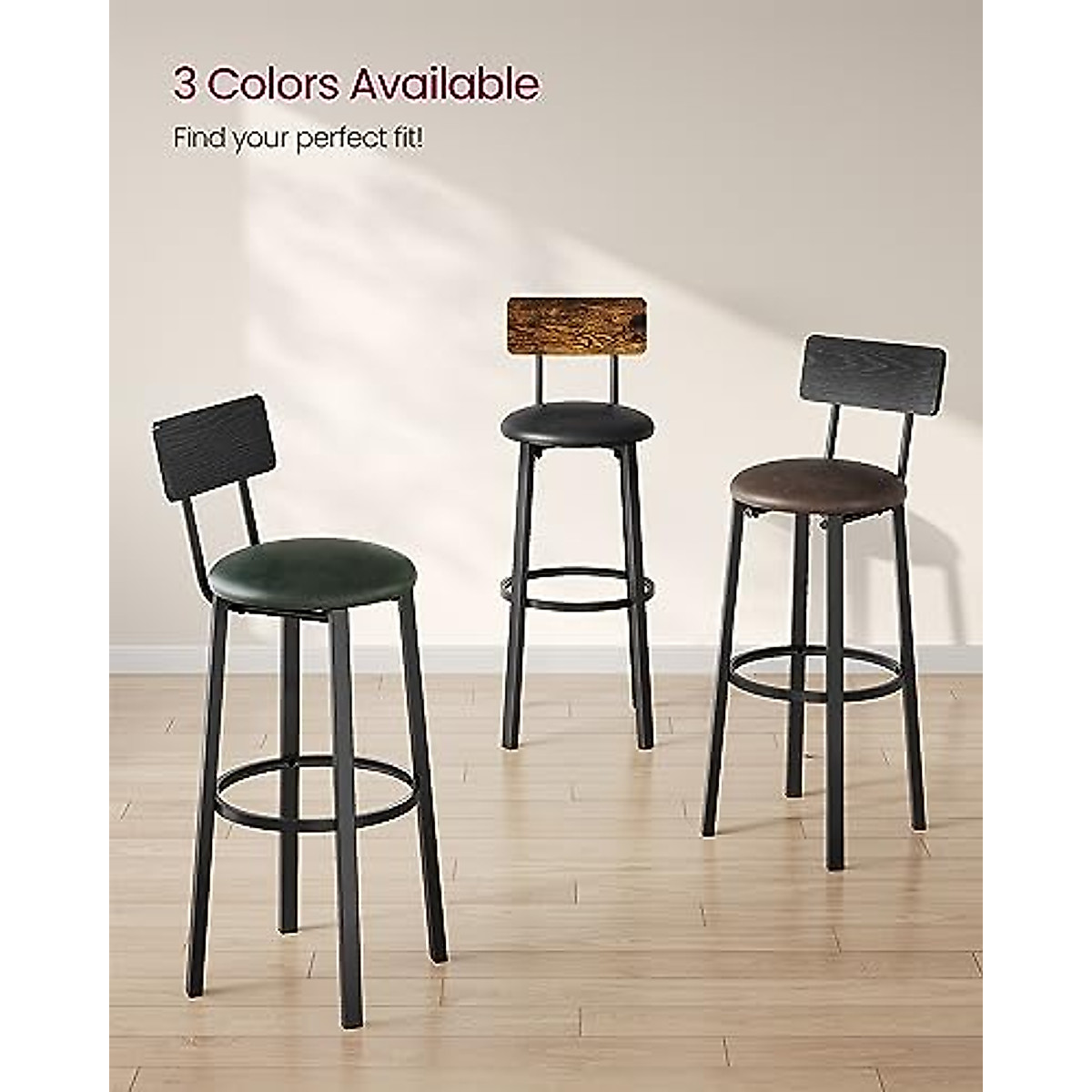 VASAGLE Bar Stools, Set of 2 PU Upholstered Breakfast Stools, 29.7-Inch Barstools with Back and Footrest, Simple Assembly, for Dining Room Kitchen Counter, Classic Black and Coffee Brown ULBC069B82