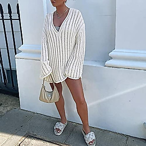 MISSACTIVER Women’s Oversized Long Sleeve Sweater Sexy V Neck Off Shoulder Knit Solid Drop Shoulder Shirt Pullover Sweaters(Small,Beige)