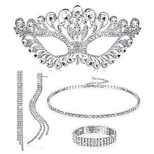 Sanfenly 5 Pieces Rhinestone Crystal Jewelry Set for Women Masquerade Mask Rhinestone Choker Necklace Bracelets Dangle Earrings Set Bridal Jewelry for Wedding Masquerade Prom