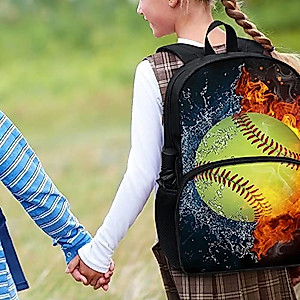 Talayituse Softball Print School Shoulder Bag for Teen Girls Boys Water and Fire Design Bookbag Backpack with Front Zipper Pocket