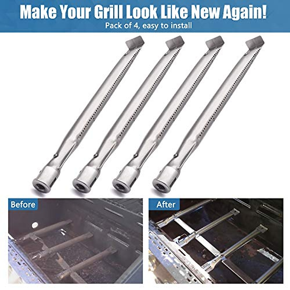 Grill Parts Replacement Compatible for Kenmore 146.46366610, 146.46372610, 146.46365610 146.47223610 Grill, 4-Pack Heat Plates Grill Burners & Crossover Tubes Replacement for 146.46366610, S