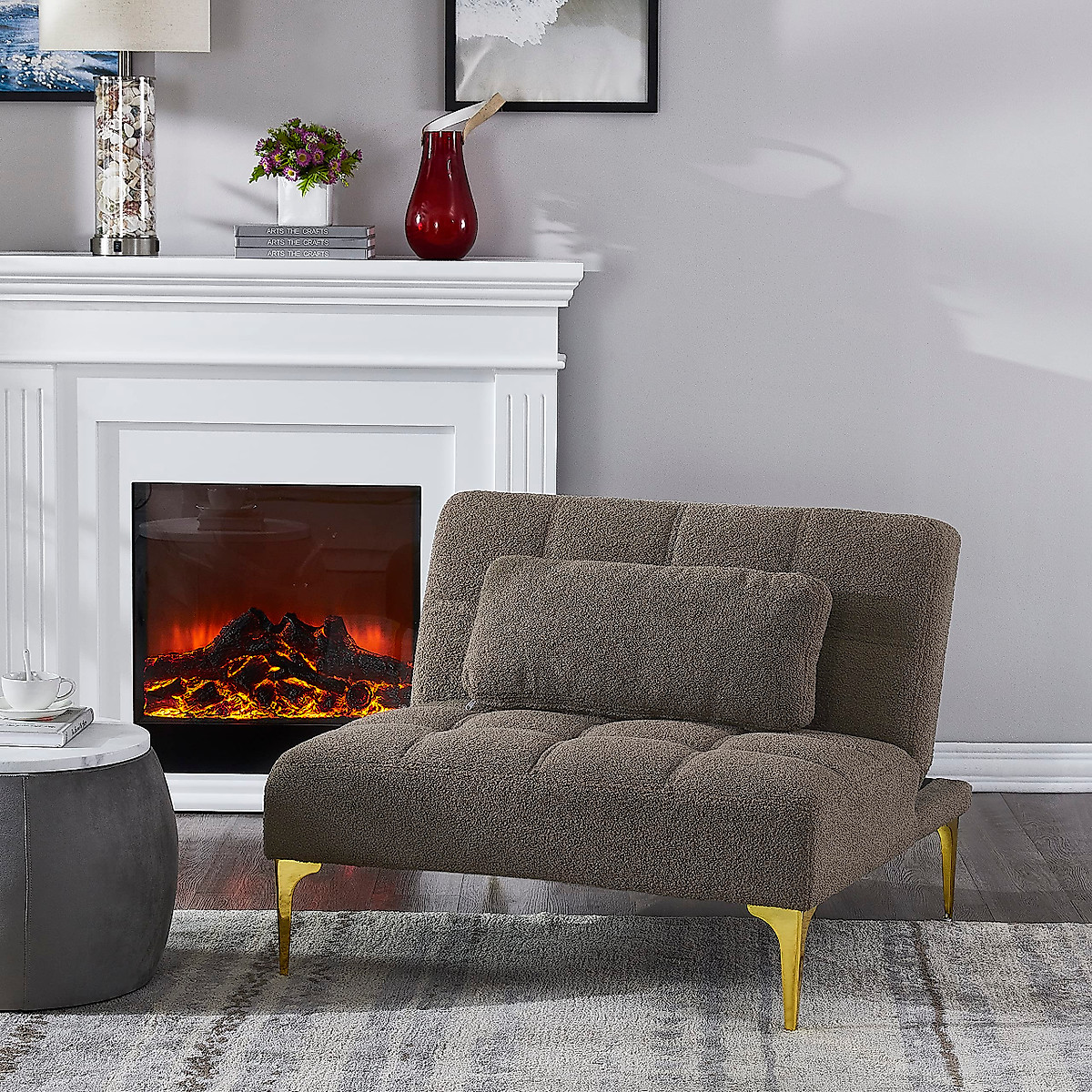 TARTOP Futon Couch Gold Metal Legs, Modern Multi-Functional Convertible Bed, Teddy Fabric, Small Sectional Sofa, Perfect for Living Room, Bedroom, Office, Apartment,Taupe