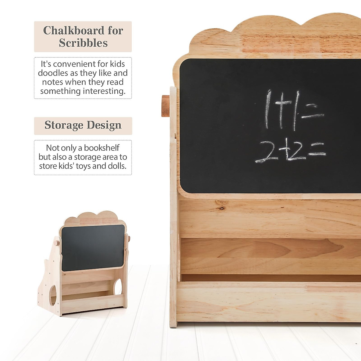 WOODEN TEETHER Kids Bookshelf Rubber Wood 5-Tier Montessori Bookshelf for Kids Durable Bookcase with Chalkboard & Storage Book Shelf Display Rack for Nursery Kids Room