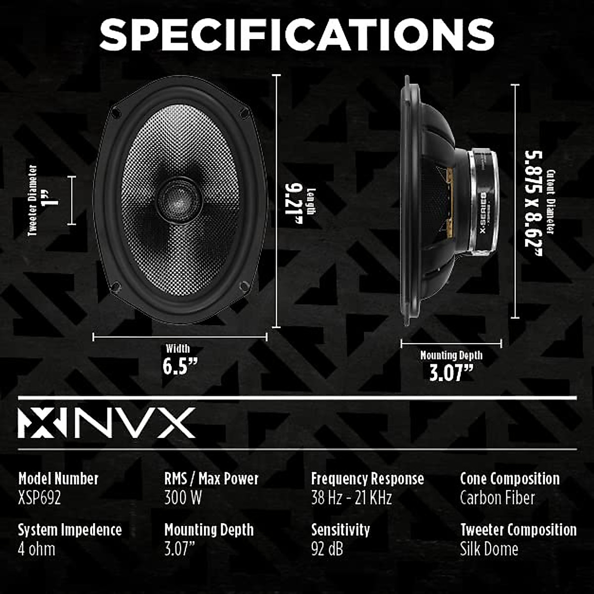 NVX XSP692 900W Peak (300W RMS) X-Series 6"x9" 2-Way Coaxial Speakers with Carbon Fiber Cones and 1" Silk Dome Tweeters (Pair)