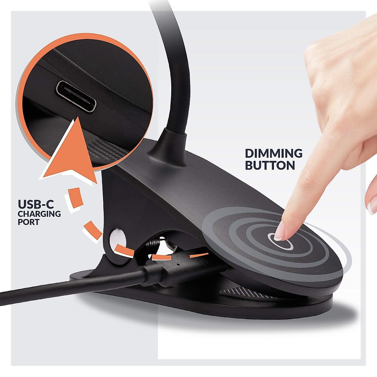 Newhouse Lighting NHCLP-USBC-BK Black Plastic Flexible and Dimmable Clip Light Clamp-Style Energy-Efficient LED Lamp with USB-C Charging Port for Office or Bedroom Use