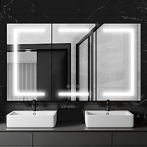 THNIKRE Lighted Medicine Cabinet Mirror, Black 48*30 Inch Bathroom Medicine Cabinets with Lights LED, Large Bathroom Mirror with Storage Waterproof Aluminum Outlets & USB Anti-Fog Adjustable Lightness