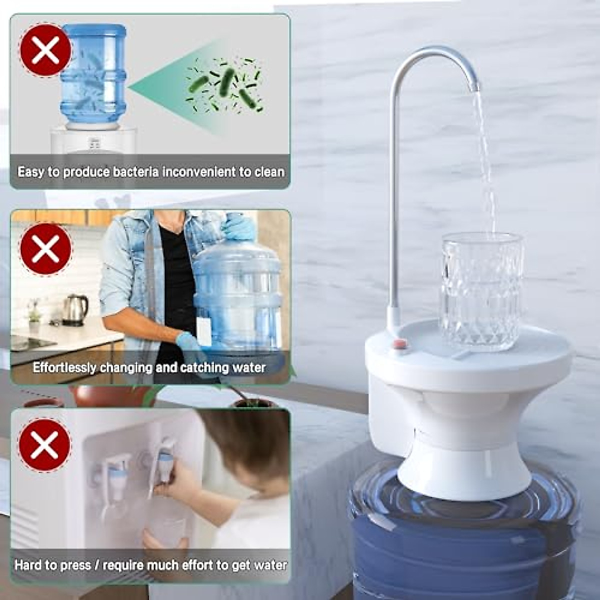 White Drinking Water Dispenser Pump, Automatic Electric Drinking Water Bottle Pump for 1-5 Gallon Water Jugs, USB Rechargeable with The Switch Control, Portable for Home, Kitchen, Office, Camping