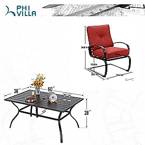 PHI VILLA 7 Piece Patio Dining Set with 60"x38" Rectangular Large Metal Dining Table and 6 Pcs Outdoor C-Spring Motion Dining Chairs(Red) for Garden Lawn