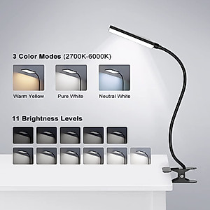 MONGERY LED Desk Lamp with Clamp for Home Office, Dimmable Clip on Desk Light with USB Port, 3 Color Modes 11 Brightness Flexible Gooseneck Reading Lamp for Studying Working, Black