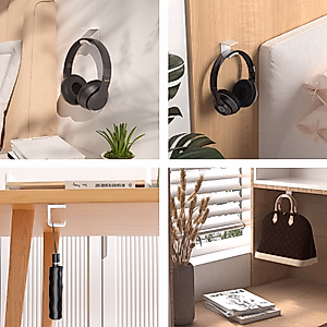 HomeMount Headphone Hook Under Desk - Headphone Holder Under Table, Adhesive Gaming Headphone Stand Hanger Desk Mount for Most Headphone(White-2P)