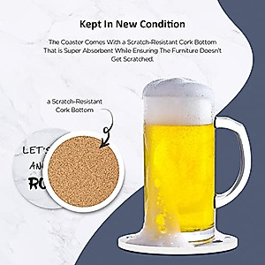 AODAYS Coasters for Drinks with Holder, White Marble-Style Absorbent Round Ceramic Drink Coaster, Bar Coaster with 6 Sayings, Set of 6 with Cork Base (Funny)