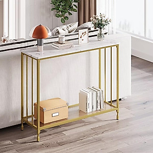 IHEX Console Table, Narrow Entryway Table with Glass Shelf and Metal Frame, 33.5" Industrial Hallway Table for Living Room Bedroom Foyer, Gold