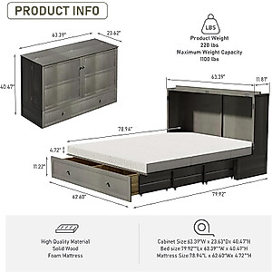 Homnso Queen Murphy Bed, Pine Wood Murphy Cabinet Bed with Tri-Folding Mattress,Storage Drawer & USB Charging Station for Living Room Apartment (Grey for Queen Size)