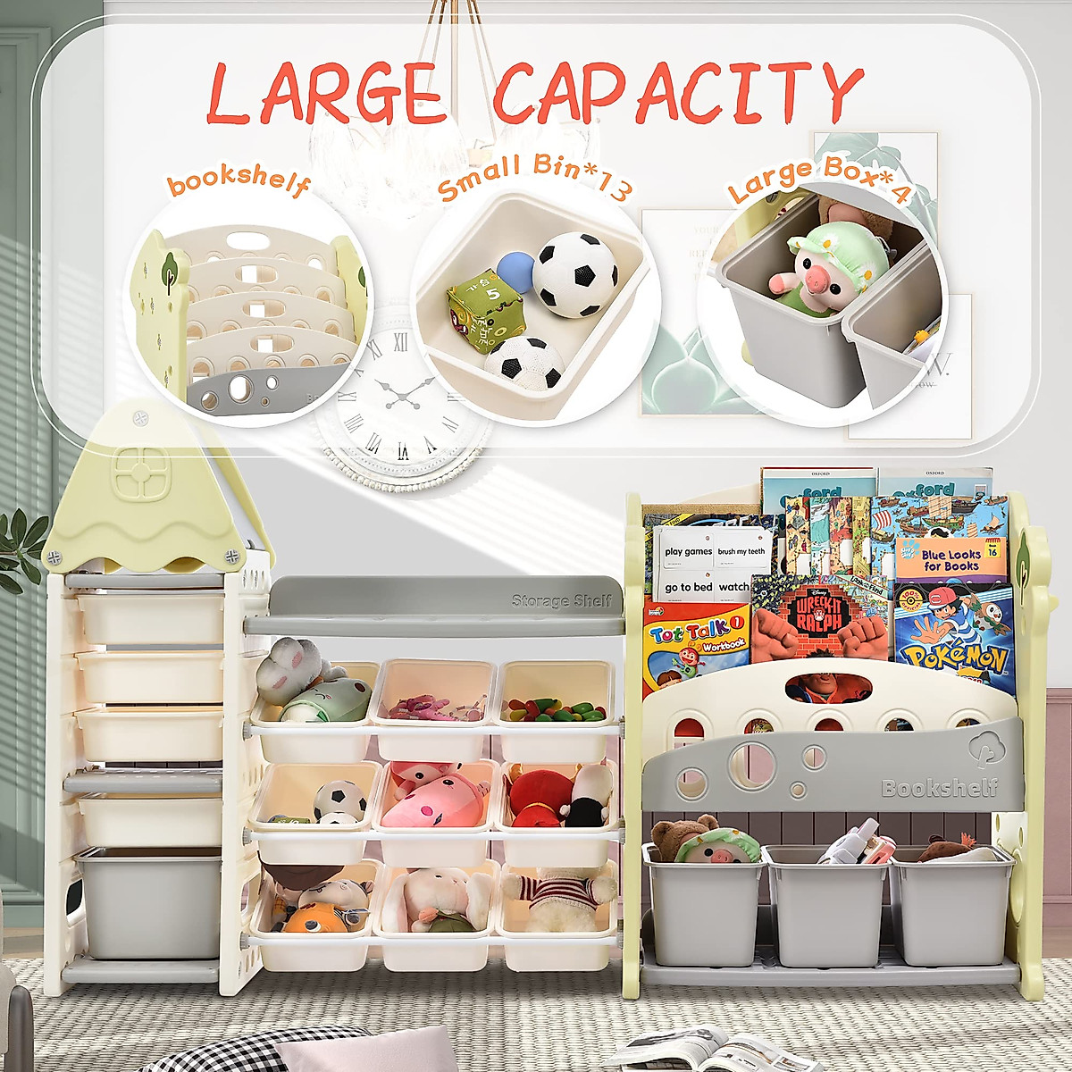 Merax Toy Storage Organizer with Kids Bookshelf, Toy Organizer with 17 Bins and 5-Tier Bookshelf for Kids Bedroom Playroom Living Room (All-in-One, Green)