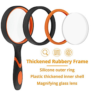 MJIYA Magnifying Glass, 8X Handheld Reading Magnifier for Kids and Seniors, Non-Scratch Quality Glass Lens, Shatterproof Design, Microfibre Cleaning Cloth Included (65mm, Orange)