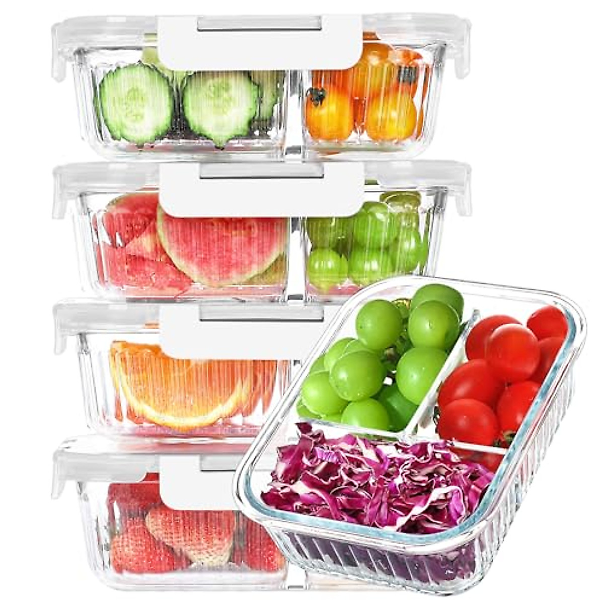 KOMUEE Glass Meal Prep Containers 3 Compartment with lids, 5 Pack 36 oz, Airtight Food Storage Glass Lunch Bento Box, Dishwasher and Microwave Safe,White