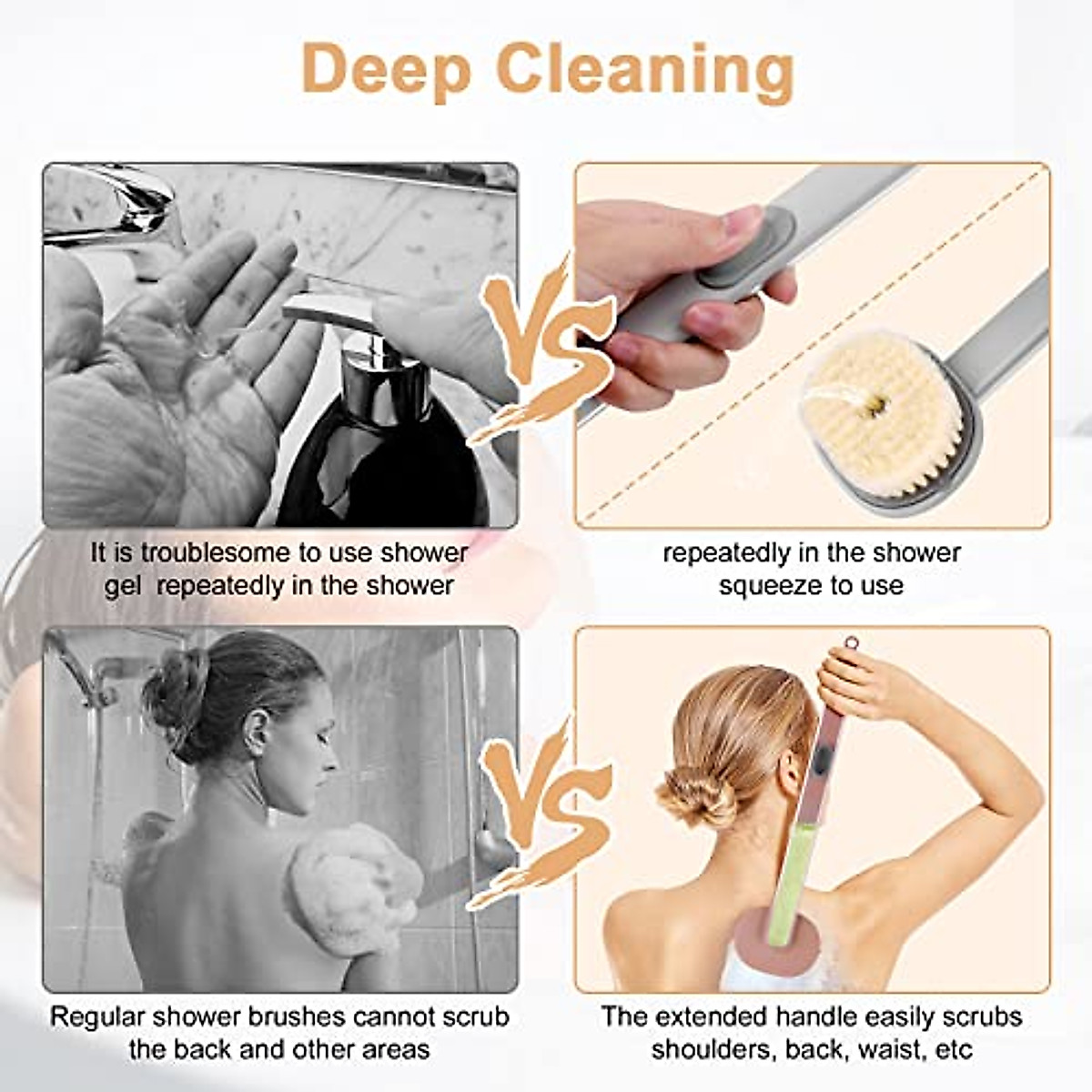 Ainiv 2 Pack Back Scrubber for Shower, Long Handled Shower Brush with Soap Dispenser, Exfoliating Body Scrubber for Wet or Dry Brushing, Shower Brush with Soft Bristles（Grey & Pink）