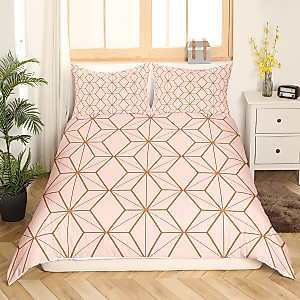 Geometric Bedding Duvet Cover Set Kids Geometry Bedding Set Modern Abstract Art Comforter Cover Set for Boys Room Decor Lightweight Golden Pink Bedspread Cover Full Size with 2 Pillow Case