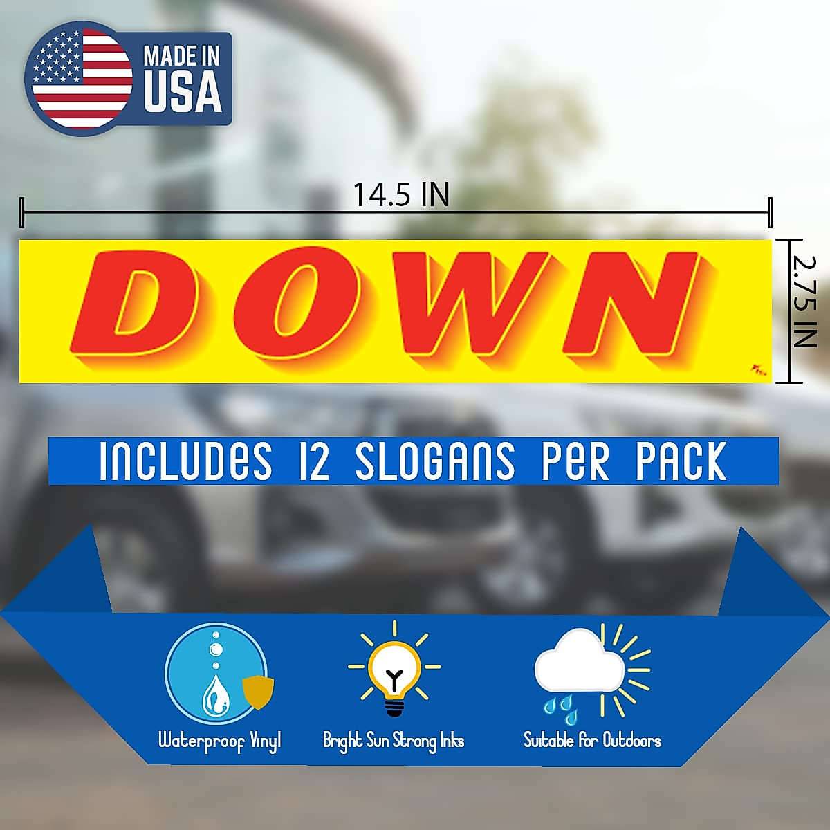 Versa Tags Windshield Slogan Stickers 12 Pack Each of Loaded, Down, Cash, Buy HERE Pay HERE, 4X4 (60) Window Stickers Total Dealership Stickers Red On Yellow