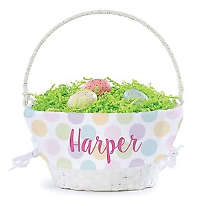 Personalized Easter Egg Basket For Her with Handle and Custom Name | Polka Dot Easter Basket Liners | White Basket | Woven Easter Baskets for Kids | Customized Easter Basket | Gift for Easter