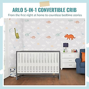 Dream On Me Arlo 5-in-1 Convertible Crib in Steel Grey and White, JPMA Certified, 3 Mattress Height Settings, Non-Toxic Finish, Made of Sustainable and Sturdy Pinewood
