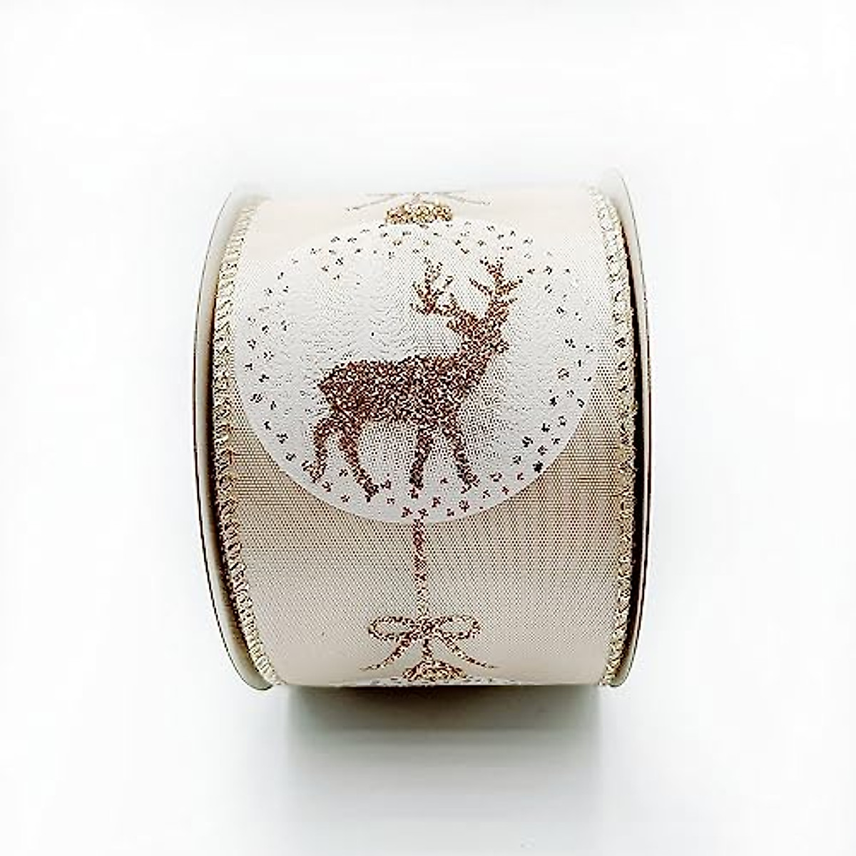 Designer’s Shop Holiday Reindeer Ornaments Wired Edge Ribbon 2.5” x 10 Yard for DIY Crafting, Home Décor WR 63-5139 (Gold)