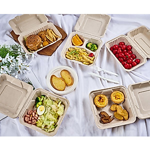 ECOLipak 50 Pack Clamshell To Go Containers, 100% Compostable Disposable Take Out Food Containers, 8X8 inch Heavy-Duty To Go Boxes, Eco-Friendly Biodegradable To Go Containers For Food
