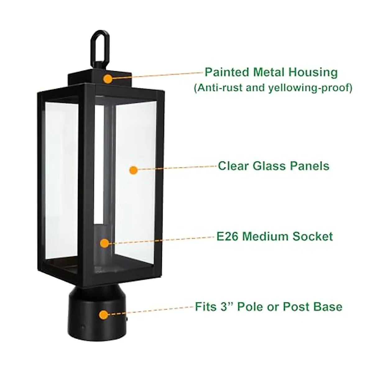 LIT-PaTH Outdoor Post Lighting Fixture with E26 Medium Base Max 60W, Metal Housing Plus Clear Glass, Matte Black Finish, Bulb Not Included, 1-Pack
