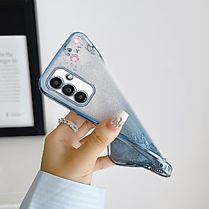 for Samsung Galaxy A13 5G Case, A13 Phone Case for Women Gradual Change Glitter Crystal TPU Stylish Butterfly Floral Heart Clear Protective Cover with Strap for Samsung Galaxy A13 5G (Sierra Blue)