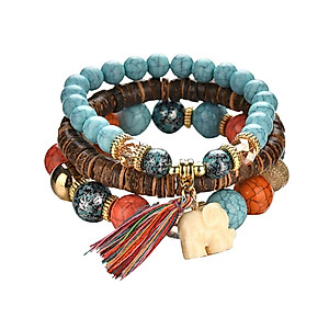 Hithop Bohemian Wood Beaded Bracelets & Bangles For Women Ethnic Tassel Elephant Multilayer Bracelet Charm Pulseiras Bijoux Candy Color Creative Gift Home Christmas Decor Clearance (Blue)