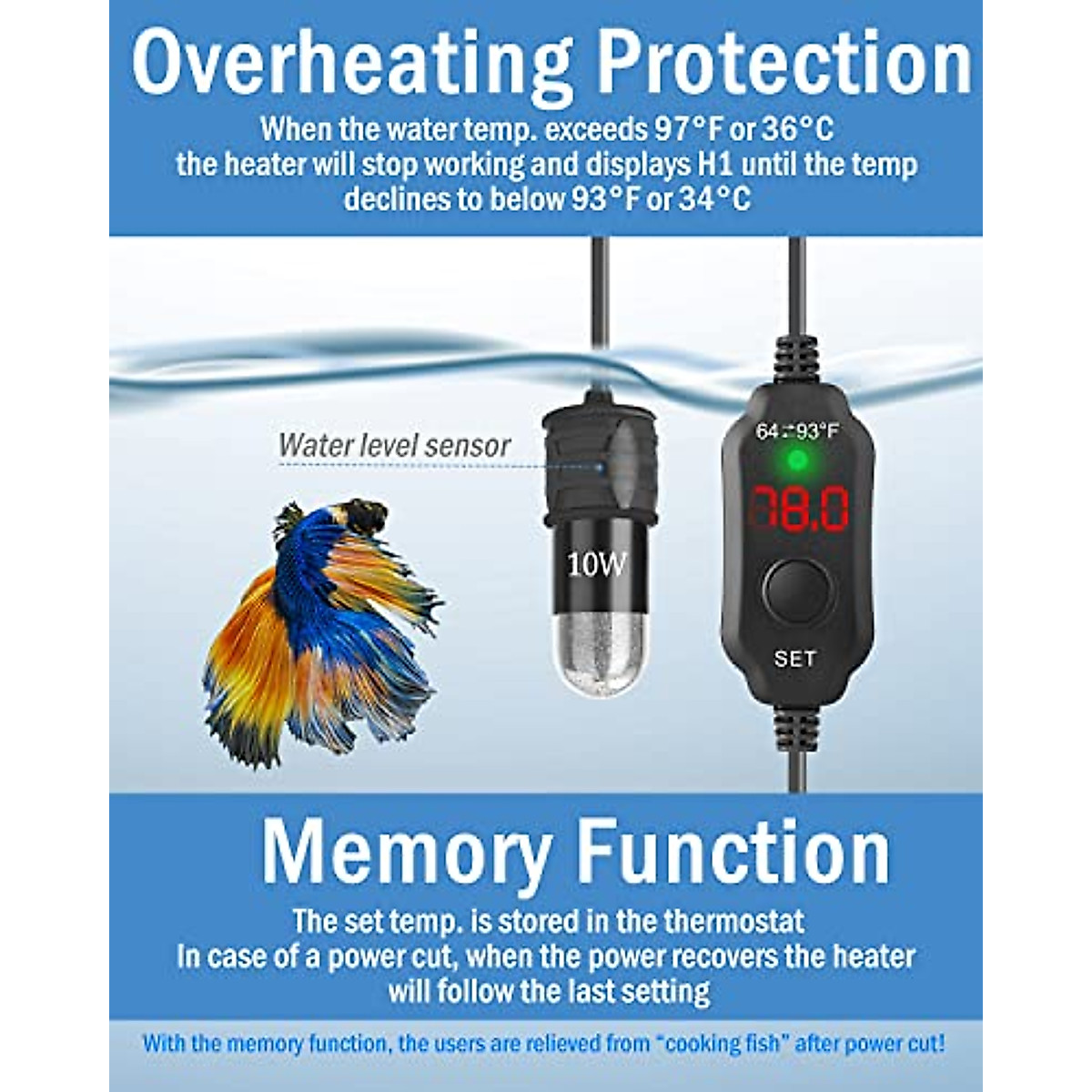 AquaMiracle Adjustable 10W Betta Heater Small Aquarium Heater Submersible Fish Tank Heater 5V/2A USB Powered Super Mini Aquarium Heater with Digital Display Thermostat, for up to 1 Gallon Tanks