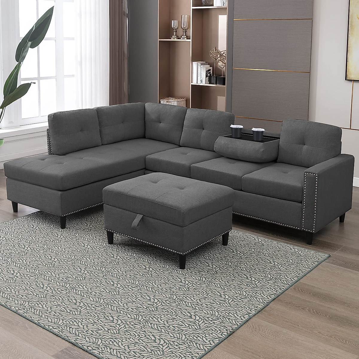 ZAFLY 101" Sectional Couch, L Shaped Sofa with Storage, Convertible Sofá 4-Seat with Reversible Chaise, Living Room Fabric Sofa Sets with Cup Holders -Light Gray