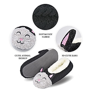 DICUIRD Womens Cozy&Warm Animal Slipper Socks with Grippers-House Socks(Black Cat, 8-10)