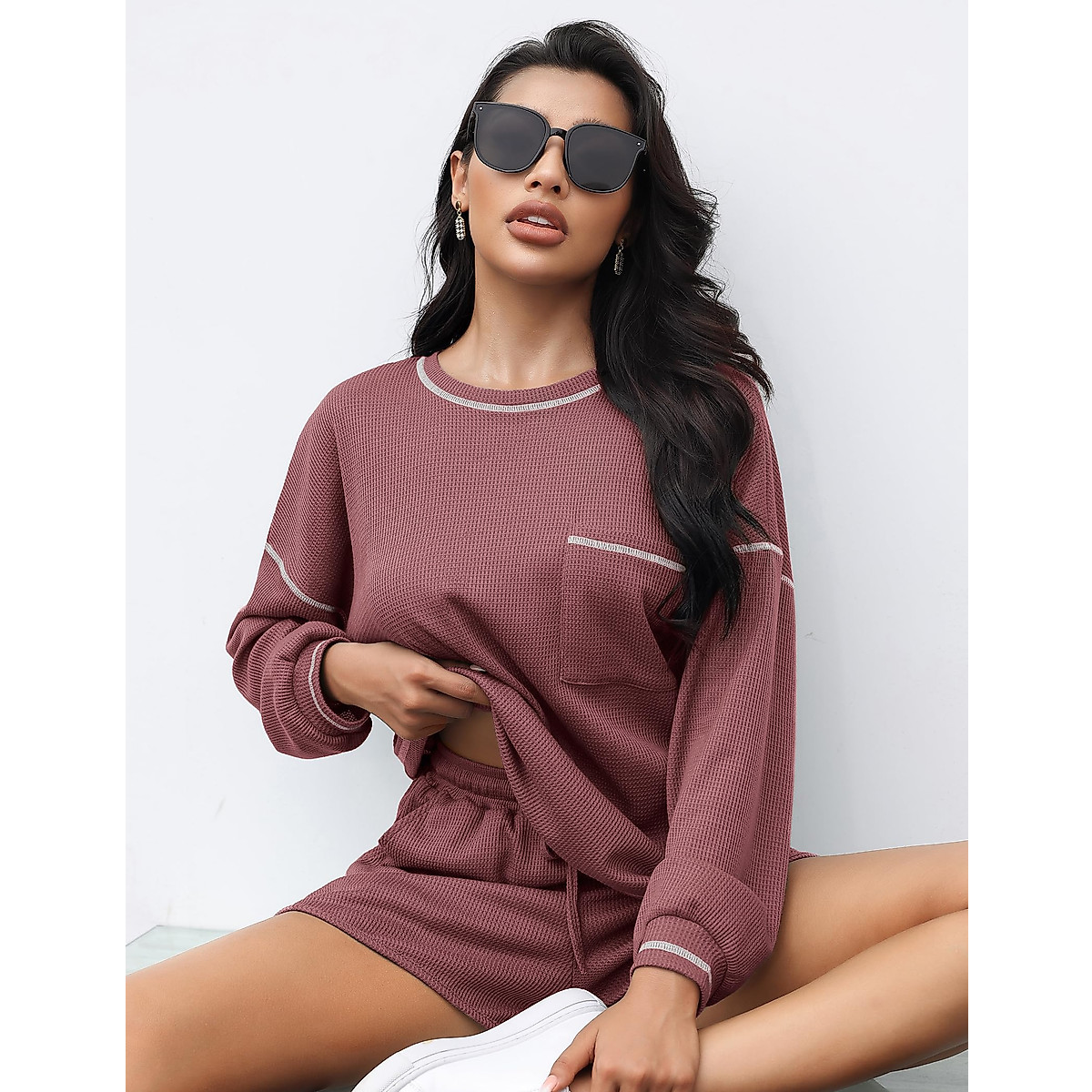 Andeip Lounge Set for Women Two Piece Long Sleeve Waffle Pjs Set Contrast Stitching Pajama Sets Red L