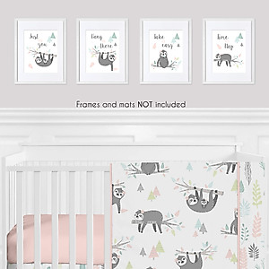 Sweet Jojo Designs Pink Grey Jungle Sloth Leaf Wall Art Prints Room Decor for Baby Nursery Kids - Set of 4 - Hang In There, Take it Easy, Blush Turquoise Gray Green Tropical Botanical Rainforest