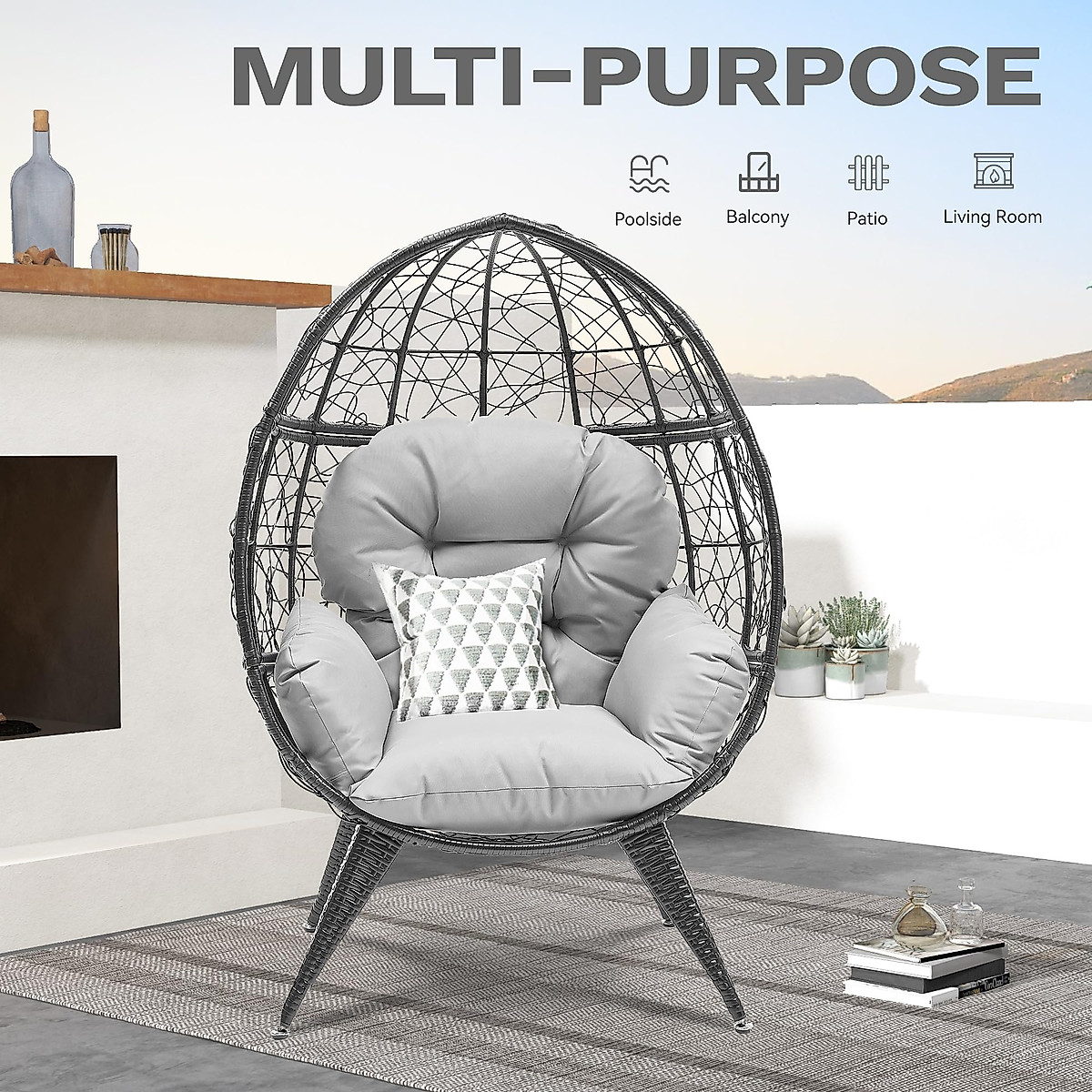 DWVO Egg Chair Patio Rattan Chair with Stand Anti-Slip All-Weather Poratble Adjustable Chair Feet Wicker Egg Lounger Chair for Indoor Outdoor 330LBS (Grey)