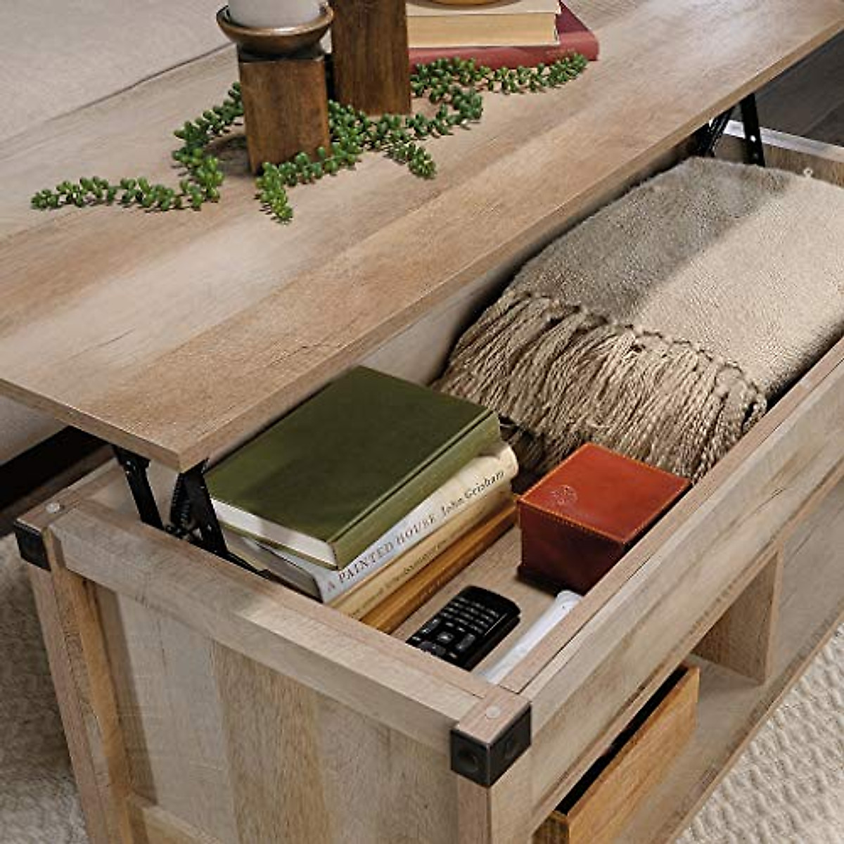 Sauder Carson Forge Rustic Lift Top Coffee Storage Industrial Living Room Table, L: 43.15" x W: 19.45" x H: 18.98", Lintel Oak Finish