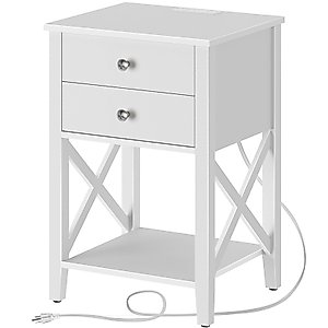 Rolanstar Nightstand with Charging Station, Night Stand with 2 Drawers, 2 AC and USB Power Outlets, Accent Bed Side Table with Storage Shelf for Bedroom, White