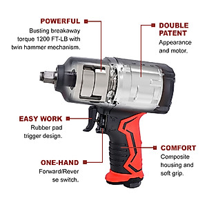 AEROPRO TOOLS 1/2-Inch Composite Air Impact Wrench(A301), Twin Hammer, 1200FT-LBS Max Loosening Torque, 7000RPM, Heavy Duty Pneumatic Impact Gun, for Auto Repair, Tire Shop