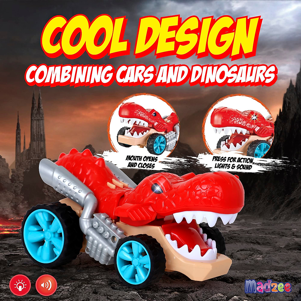 Madzee Monster Vehicle (T-Rex) - Battery Powered Truck with Lights & Sounds - Great Dinosaur Toys for Boys and Girls Ages 3+, Perfect Toddler Gift Birthday Party, Christmas